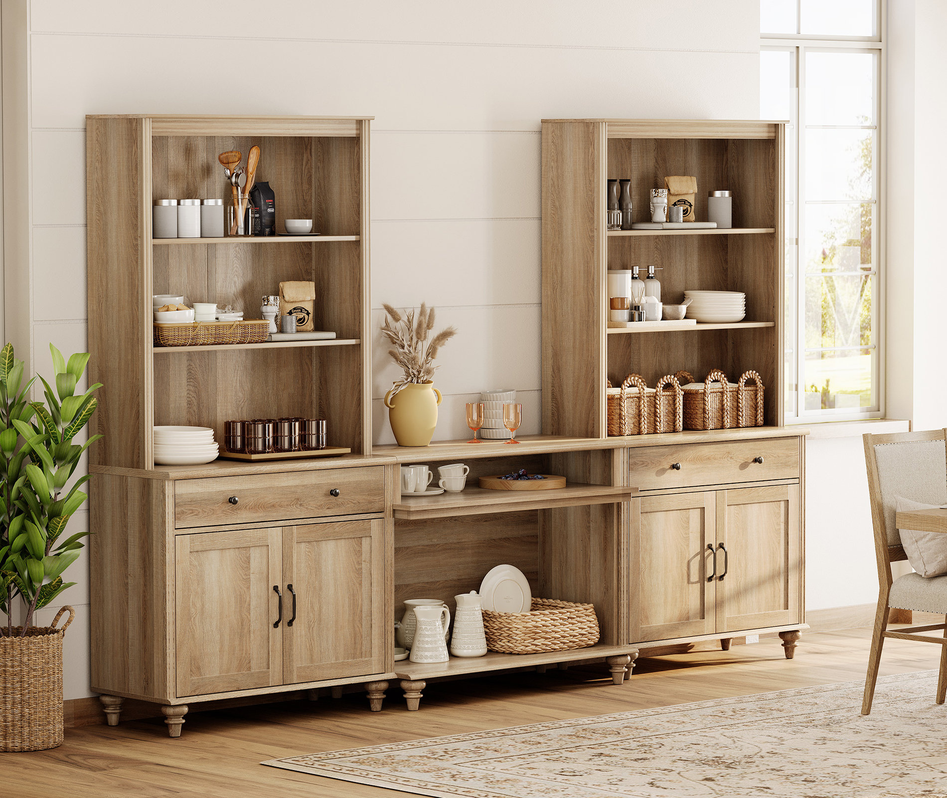 Charlton Home Sideboard Cabinet With Bar Hutch Vintage Wood Grain Design Buffet Cabinet With Cabinets And Open Shelves Oak 105 Inch Wayfair